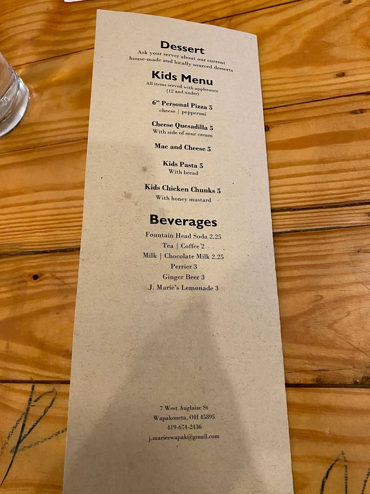 Menu at J. Marie's Wood-Fired Kitchen and Drinks restaurant, Wapakoneta