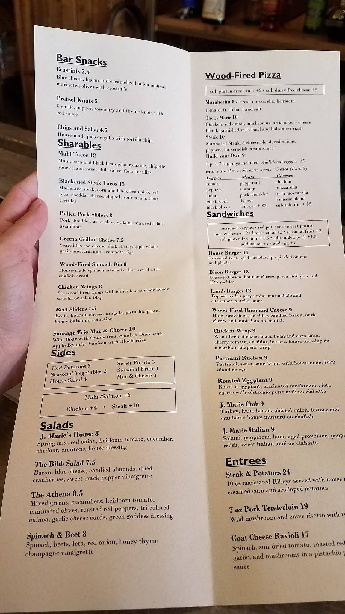 Menu at J. Marie's Wood-Fired Kitchen and Drinks restaurant, Wapakoneta