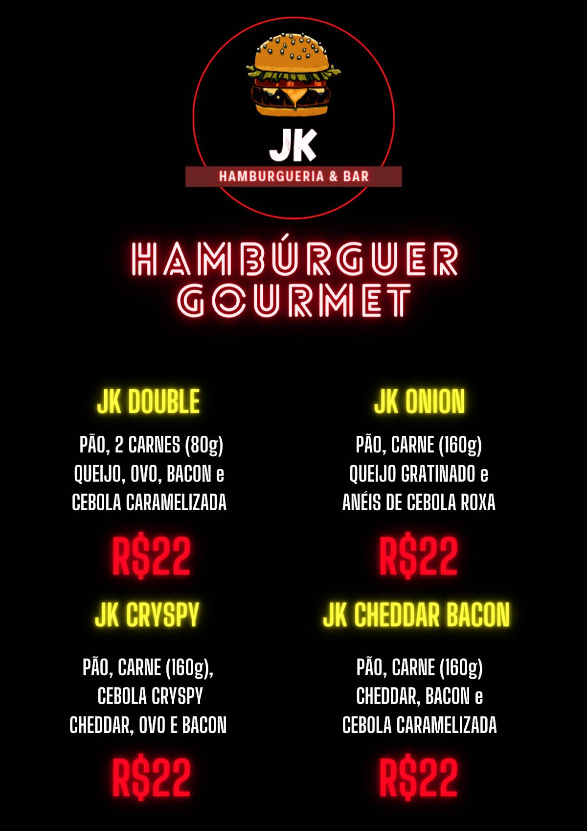 Menu at JK Bar & Hamburgueria, Petrópolis
