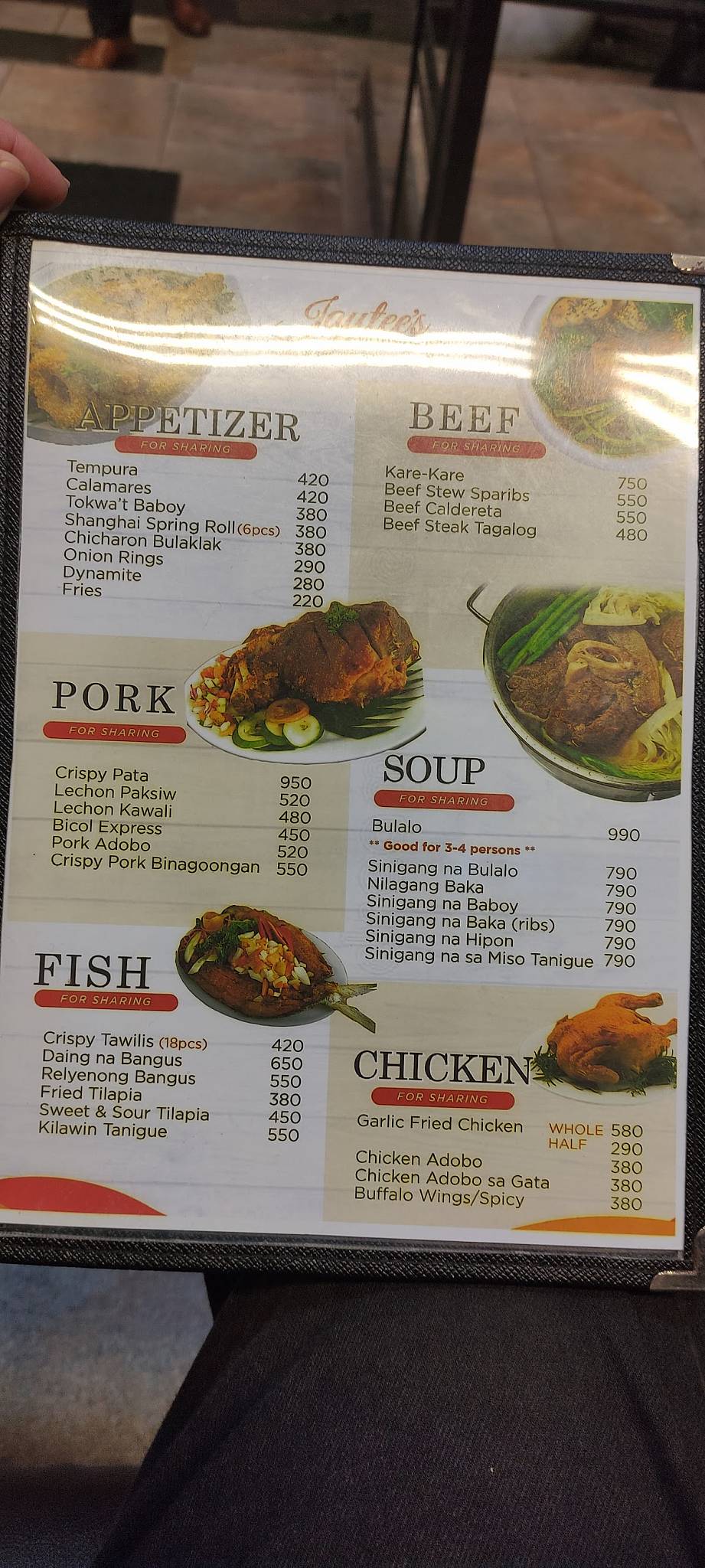 Menu at Jaytee's Classic Filipino Cuisine restaurant, Tagaytay, 4W2X+H5H