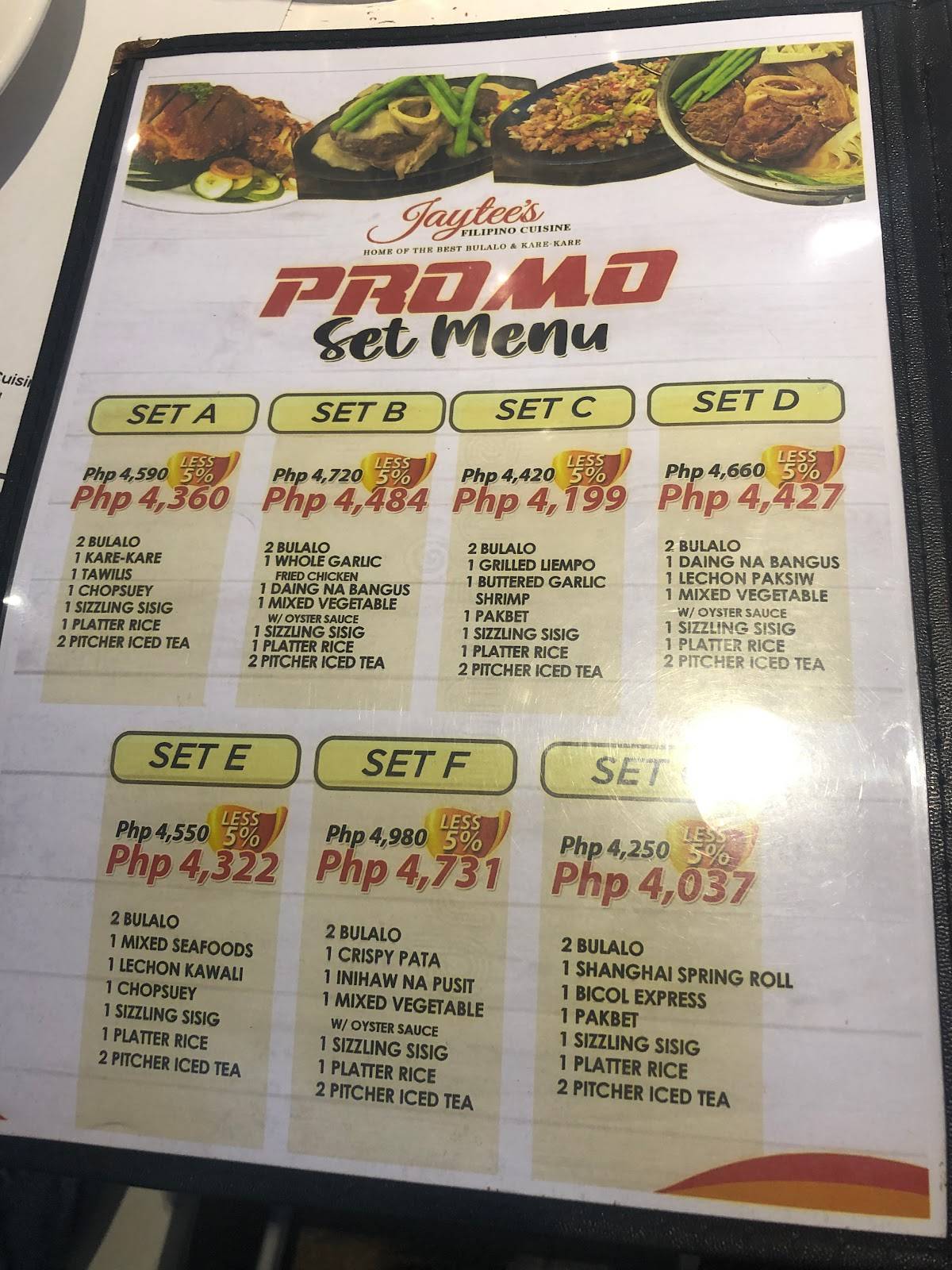 Menu at Jaytee's Classic Filipino Cuisine restaurant, Tagaytay, 4W2X+H5H