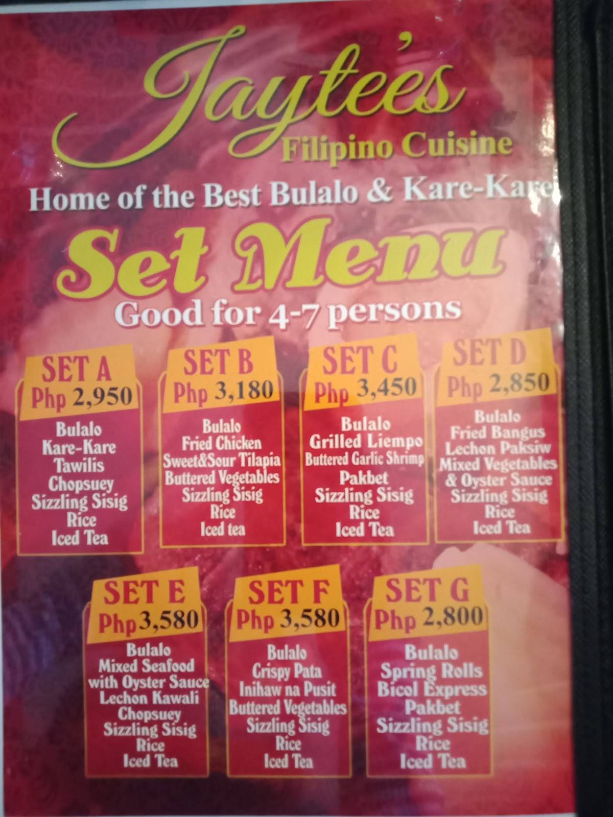 Menu at Jaytee's Classic Filipino Cuisine restaurant, Tagaytay, 4W2X+H5H