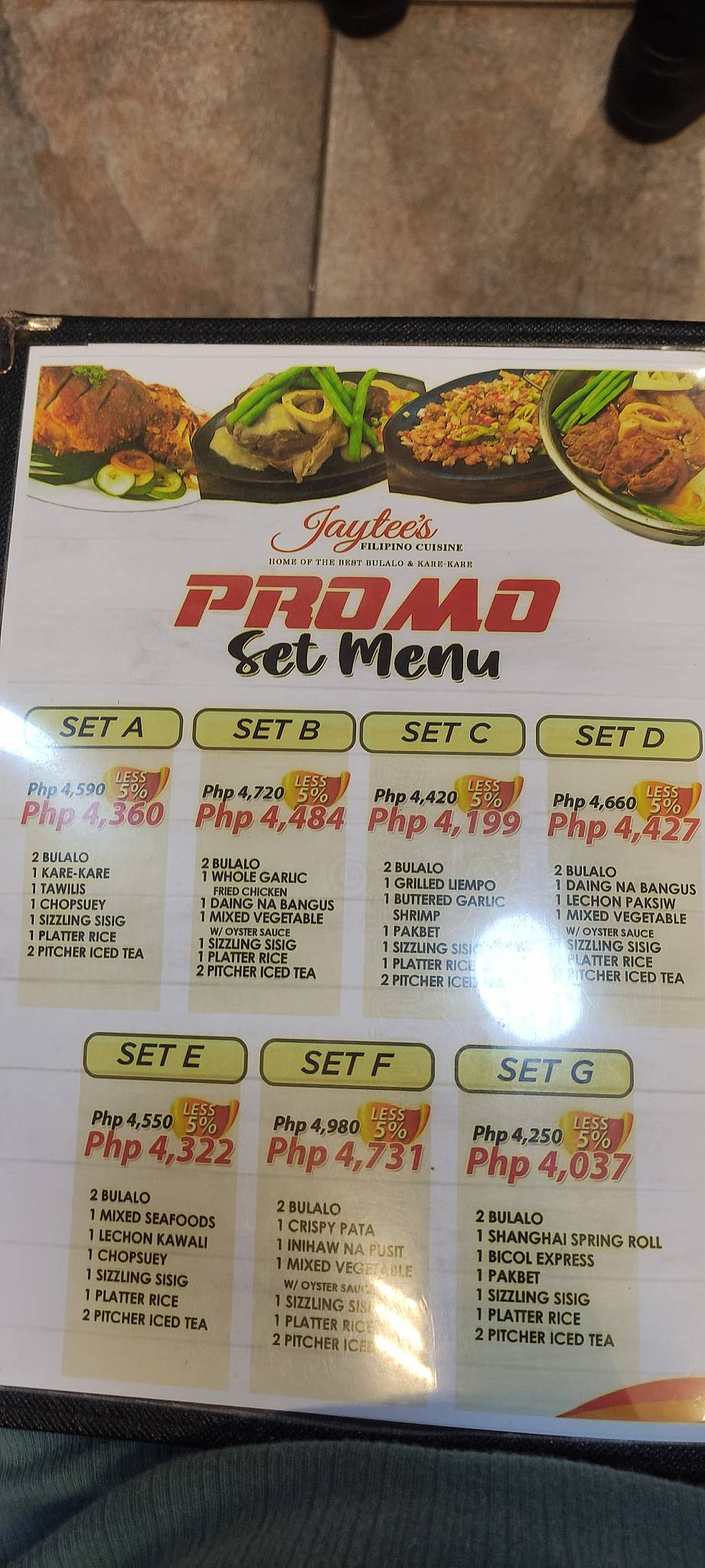 Menu at Jaytee's Classic Filipino Cuisine restaurant, Tagaytay, 4W2X+H5H