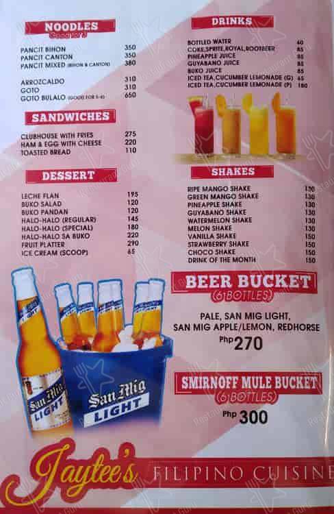 Menu at Jaytee's Classic Filipino Cuisine restaurant, Tagaytay, 4W2X+H5H