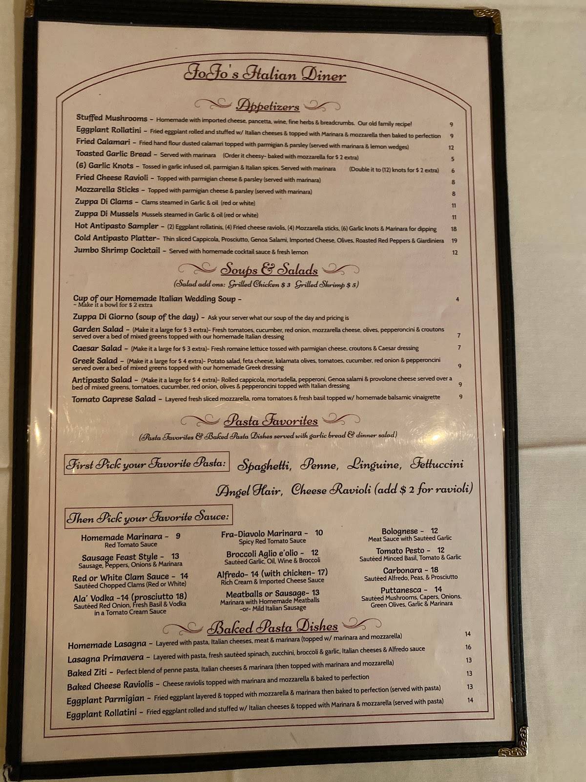 Menu at JoJo's Italian Diner restaurant, Tarpon Springs