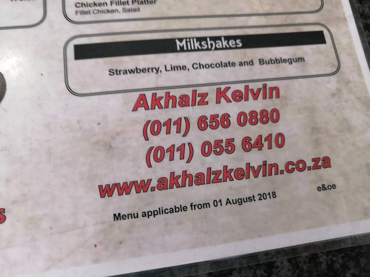 Menu at Akhalz Kelvin (Akhalwayas) restaurant, Johannesburg
