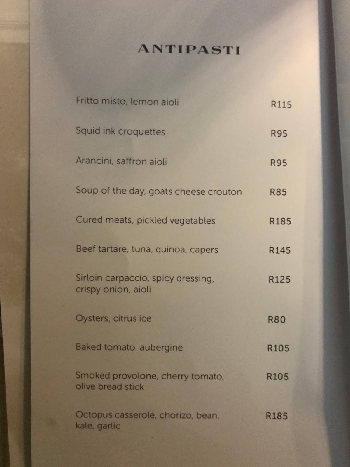 Menu at Saint Restaurant, Sandton