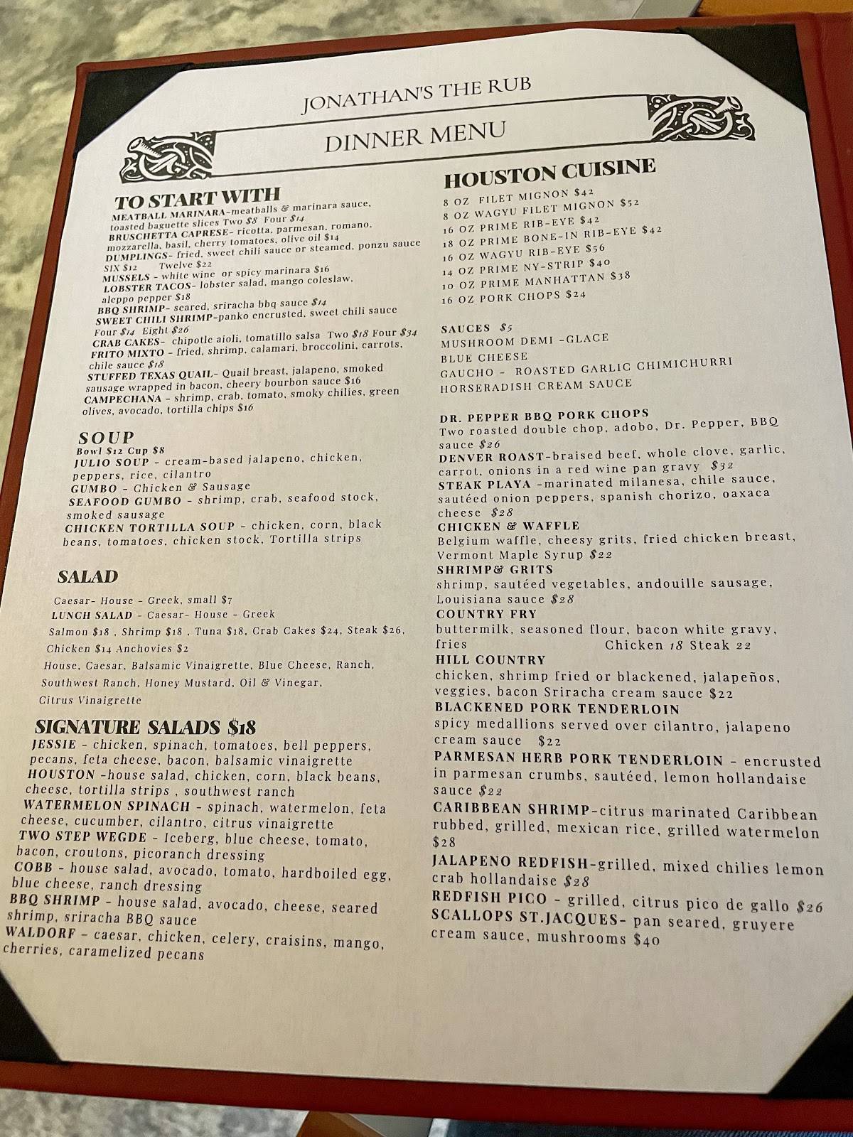 Menu at Jonathan's The Rub restaurant, Houston, 9090 Katy Freeway