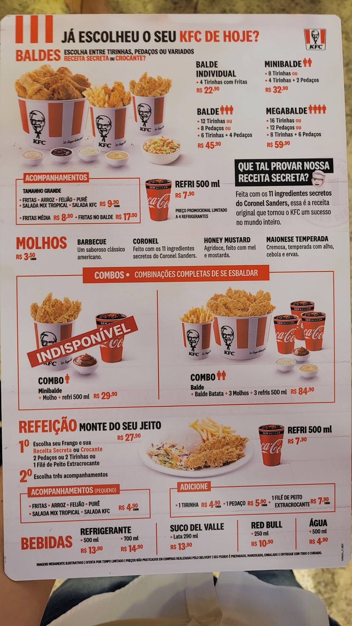 Menu at KFC restaurant, Fortaleza, Av. Washington Soares