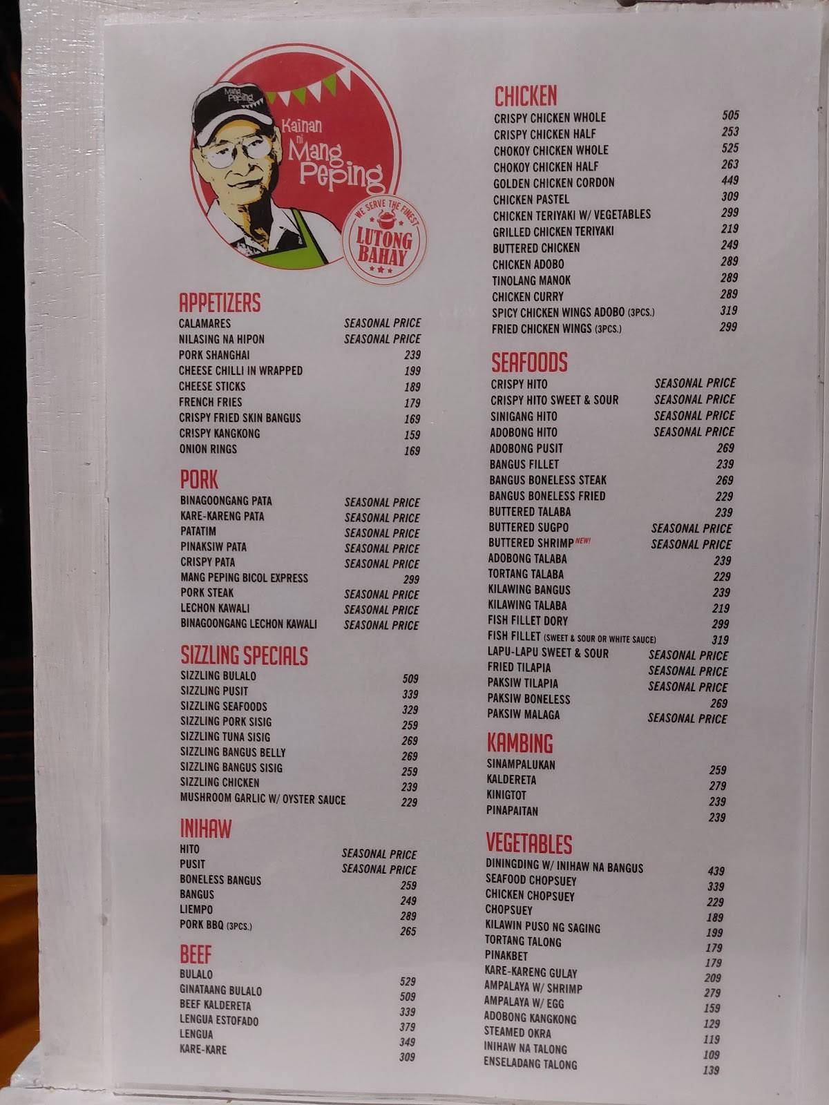 Menu at Kainan ni Mang Peping restaurant, Dagupan, 28JG+M7J