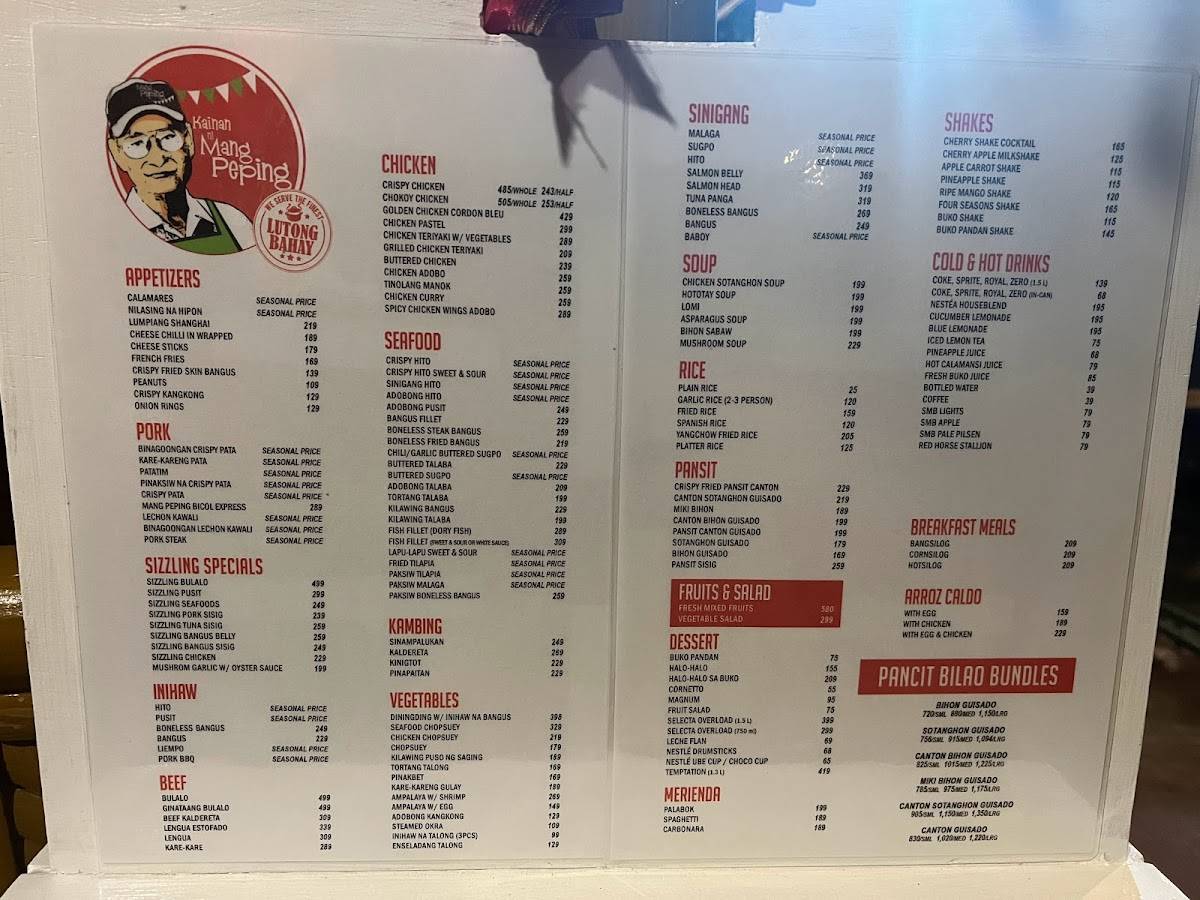 Menu at Kainan ni Mang Peping restaurant, Dagupan, 28JG+M7J