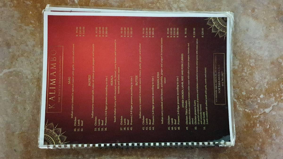 Menu at Kalimambo Pub, Indian Restaurant, and Grill, Hoedspruit