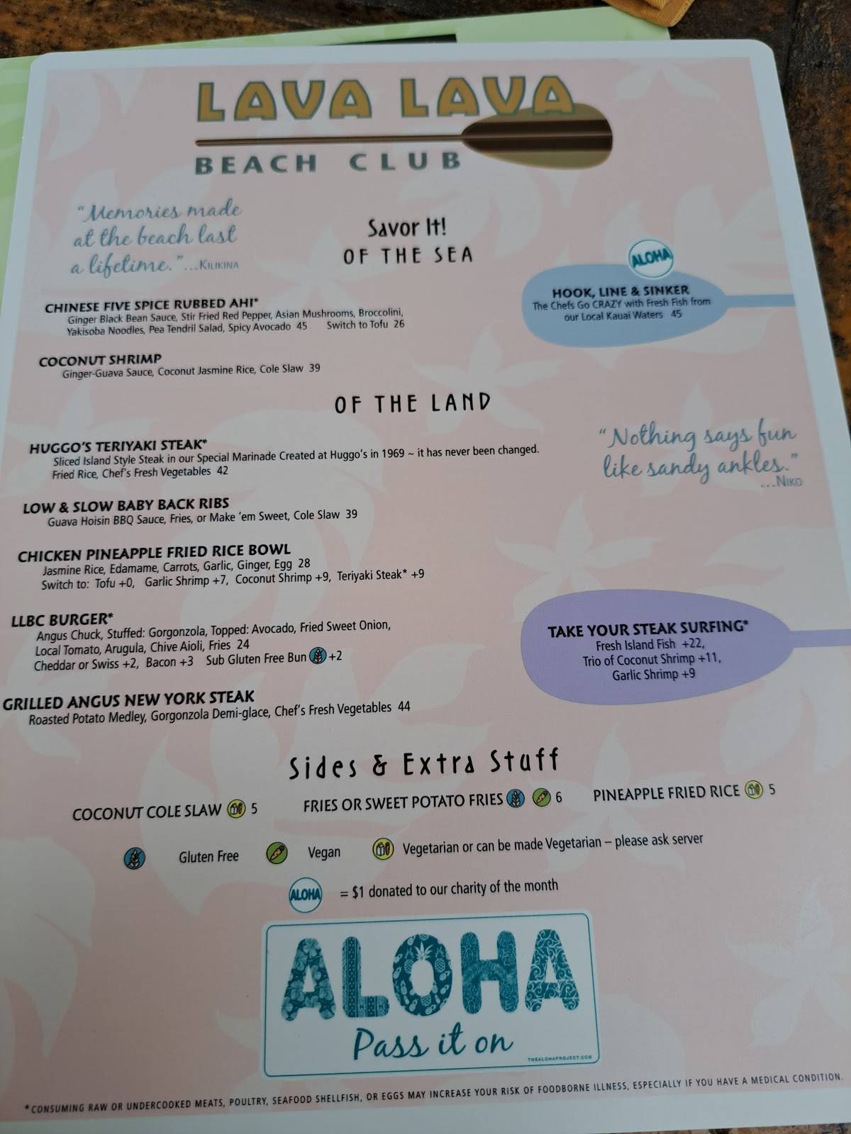 Menu at Lava Lava Beach Club, Kapaa
