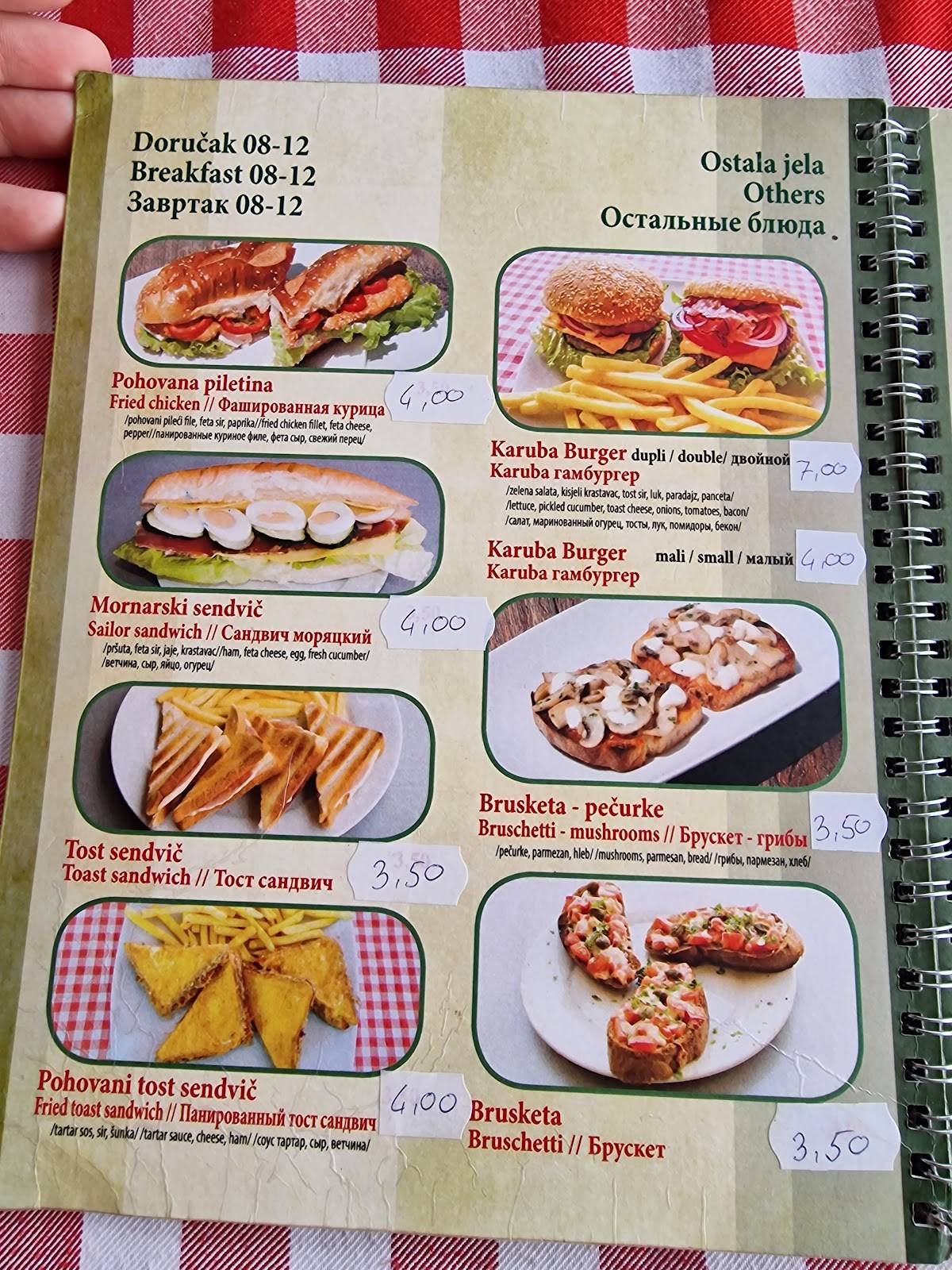 Menu at Karuba Sutomore restaurant, Sutomore, 43P3+X7C