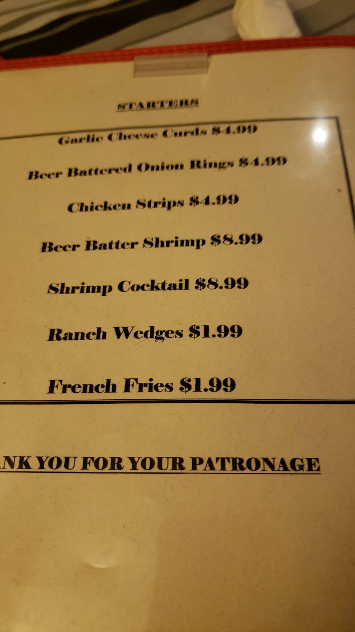 Menu at Kassidy's Studio Lounge restaurant, Shawano