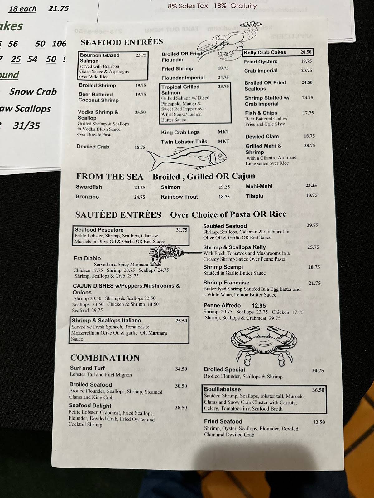 Menu at Kelly's Seafood restaurant, Philadelphia, Old Bustleton Ave