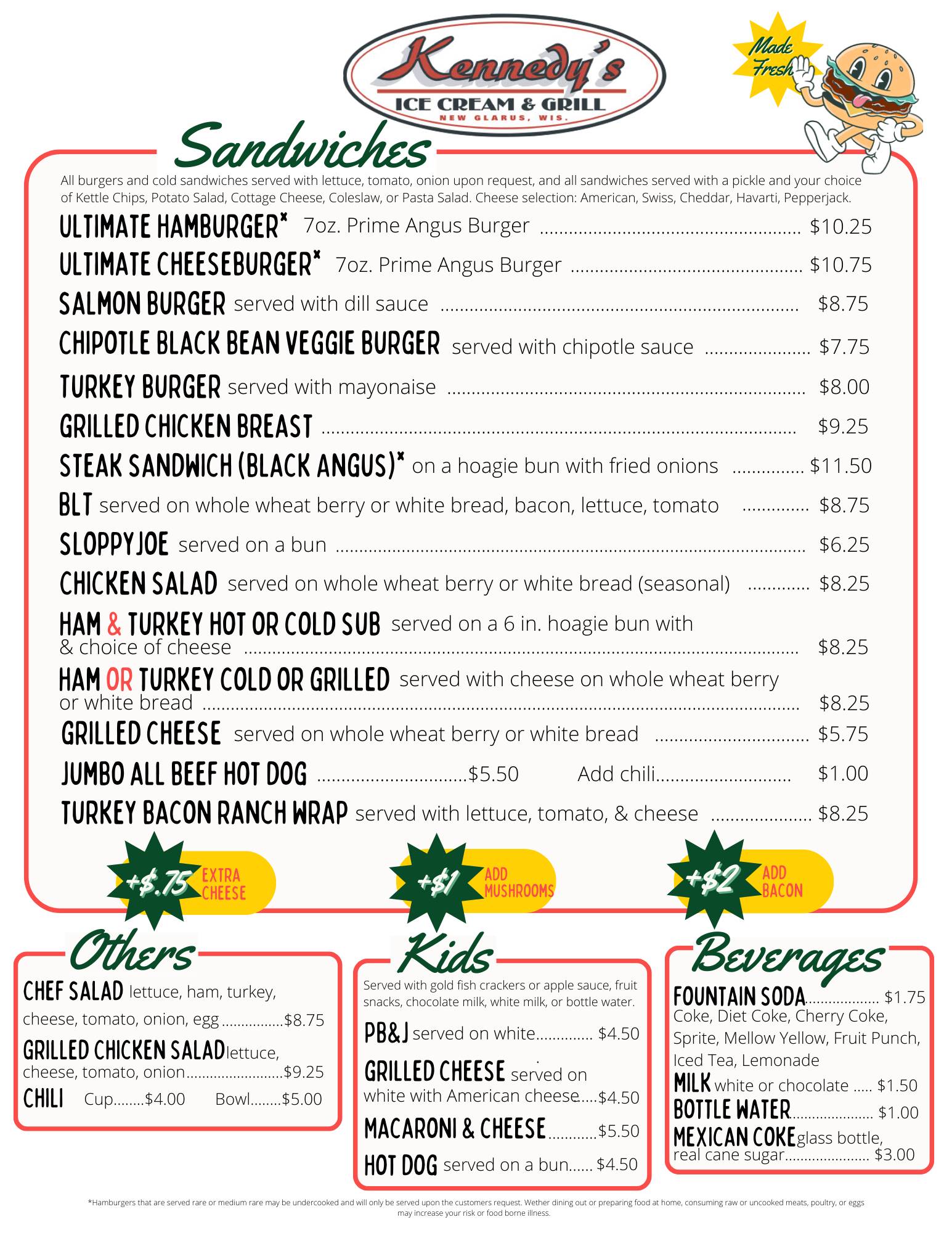 Menu at Kennedy's Ice Cream And Grill restaurant, New Glarus