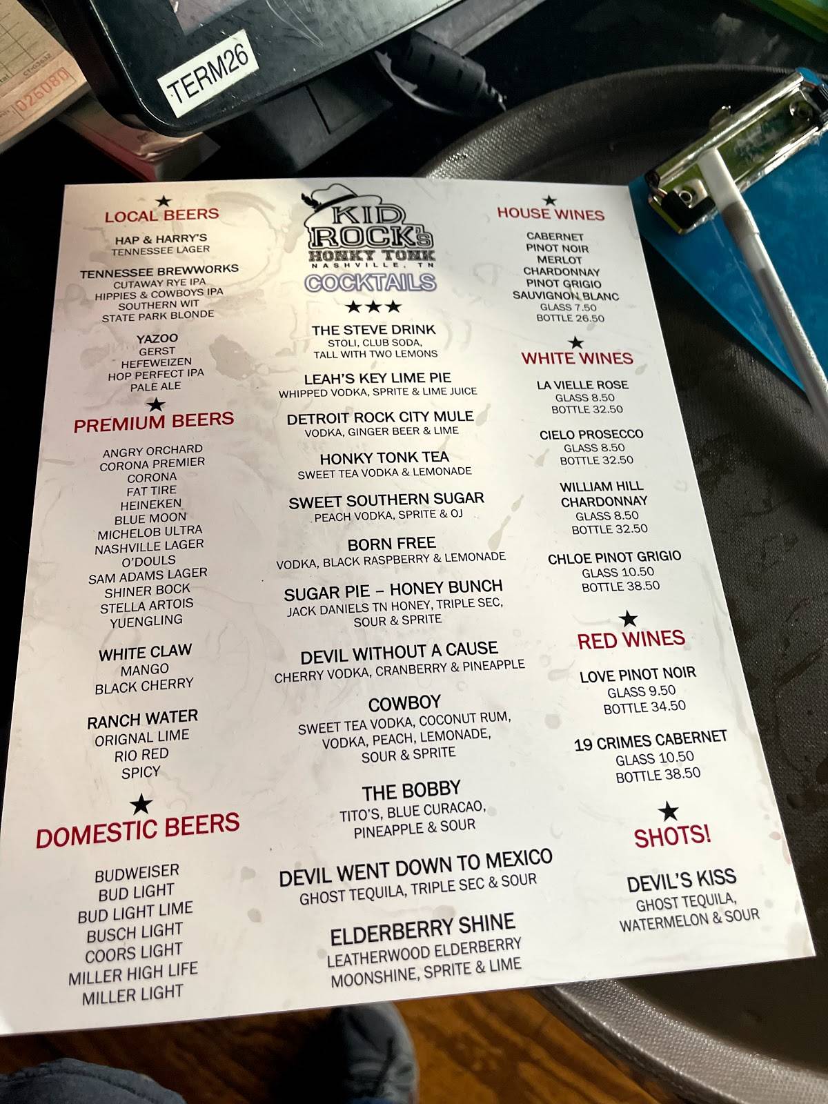 Menu at Kid Rock's Big Ass Honky Tonk Rock N' Roll Steakhouse, Nashville