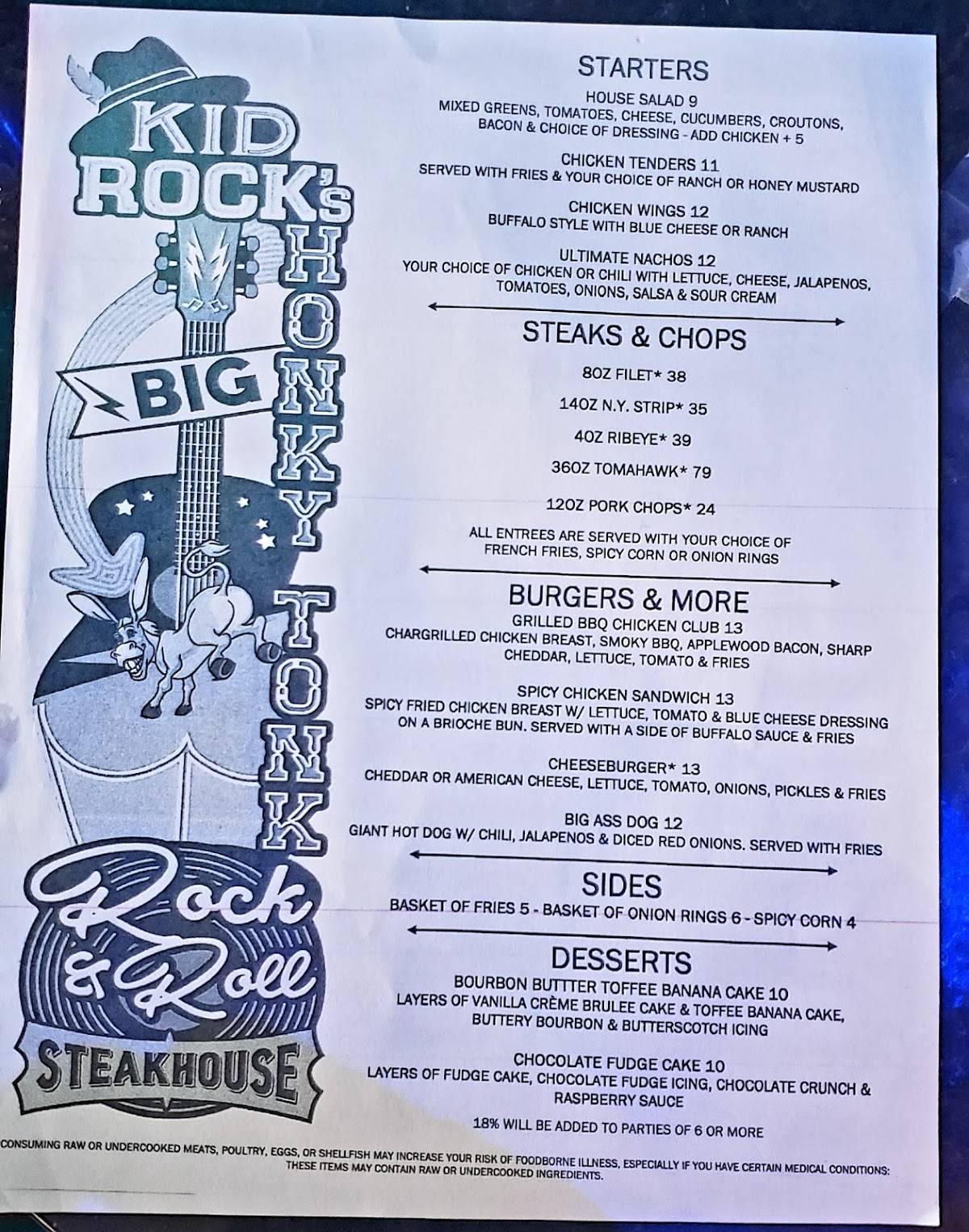 Menu at Kid Rock's Big Ass Honky Tonk Rock N' Roll Steakhouse, Nashville