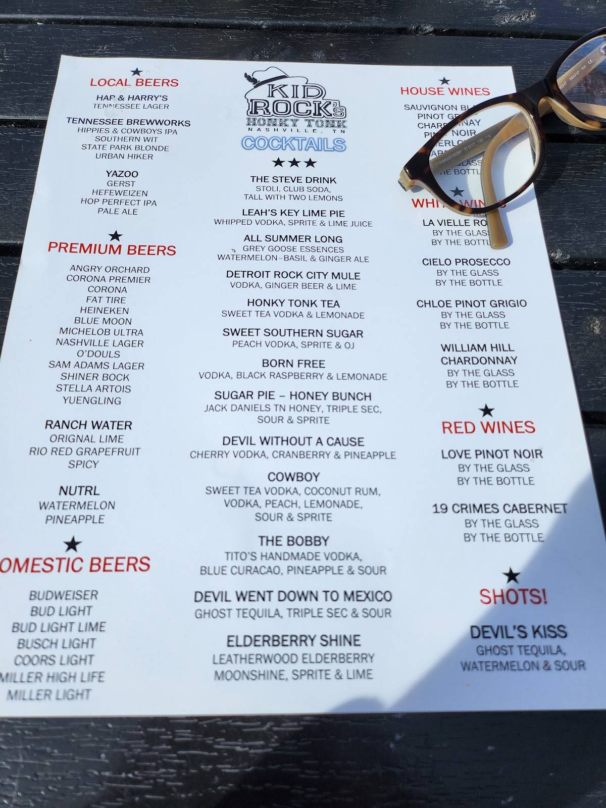Menu at Kid Rock's Big Ass Honky Tonk Rock N' Roll Steakhouse, Nashville
