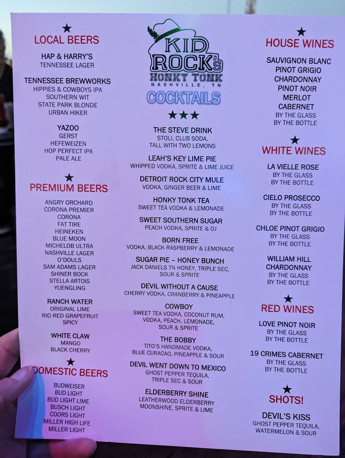 Menu at Kid Rock's Big Ass Honky Tonk Rock N' Roll Steakhouse, Nashville