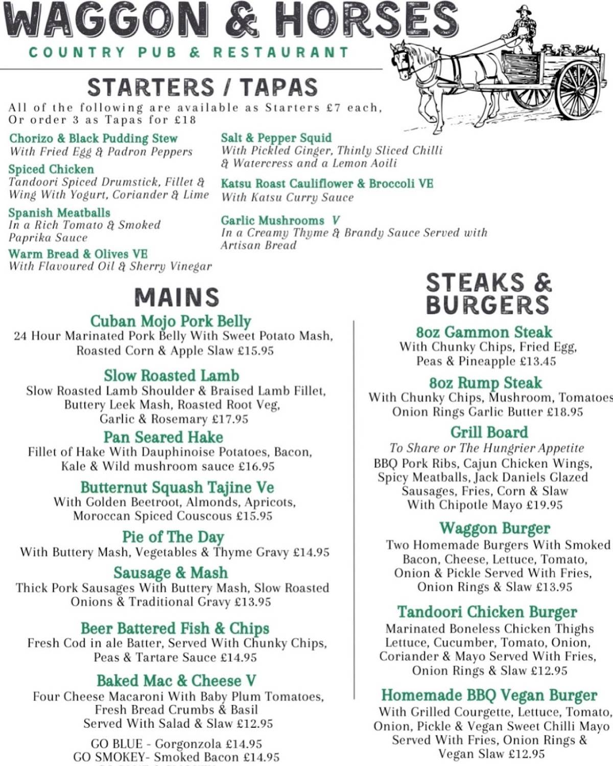 Menu at The Old Waggon and Horses 1812 pub & bar, Kidderminster, The ...