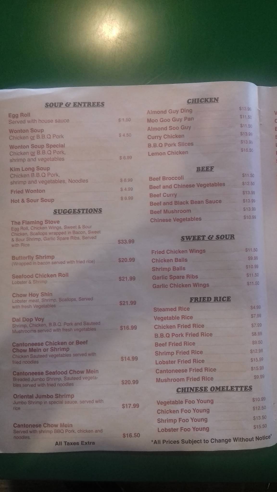 Menu at Kim Long Restaurant, Moncton