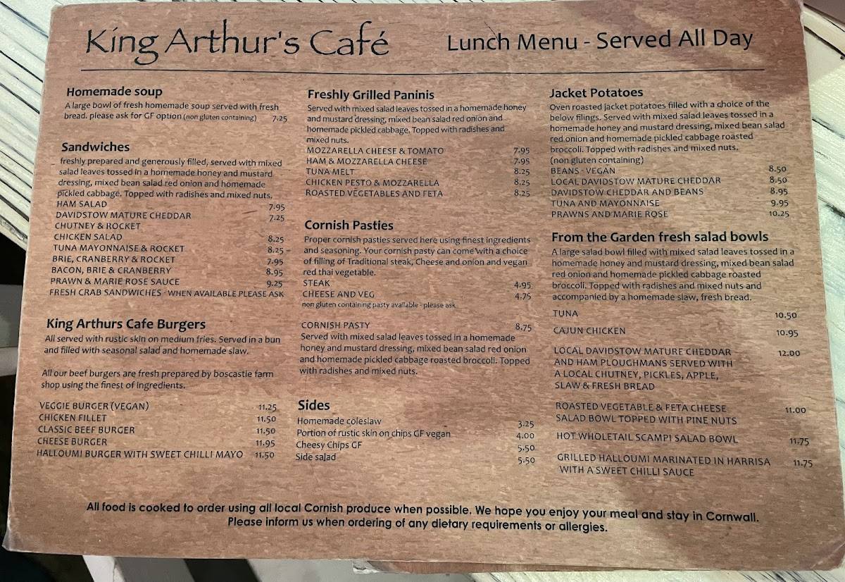 Menu at King Arthur's Cafe, Tintagel