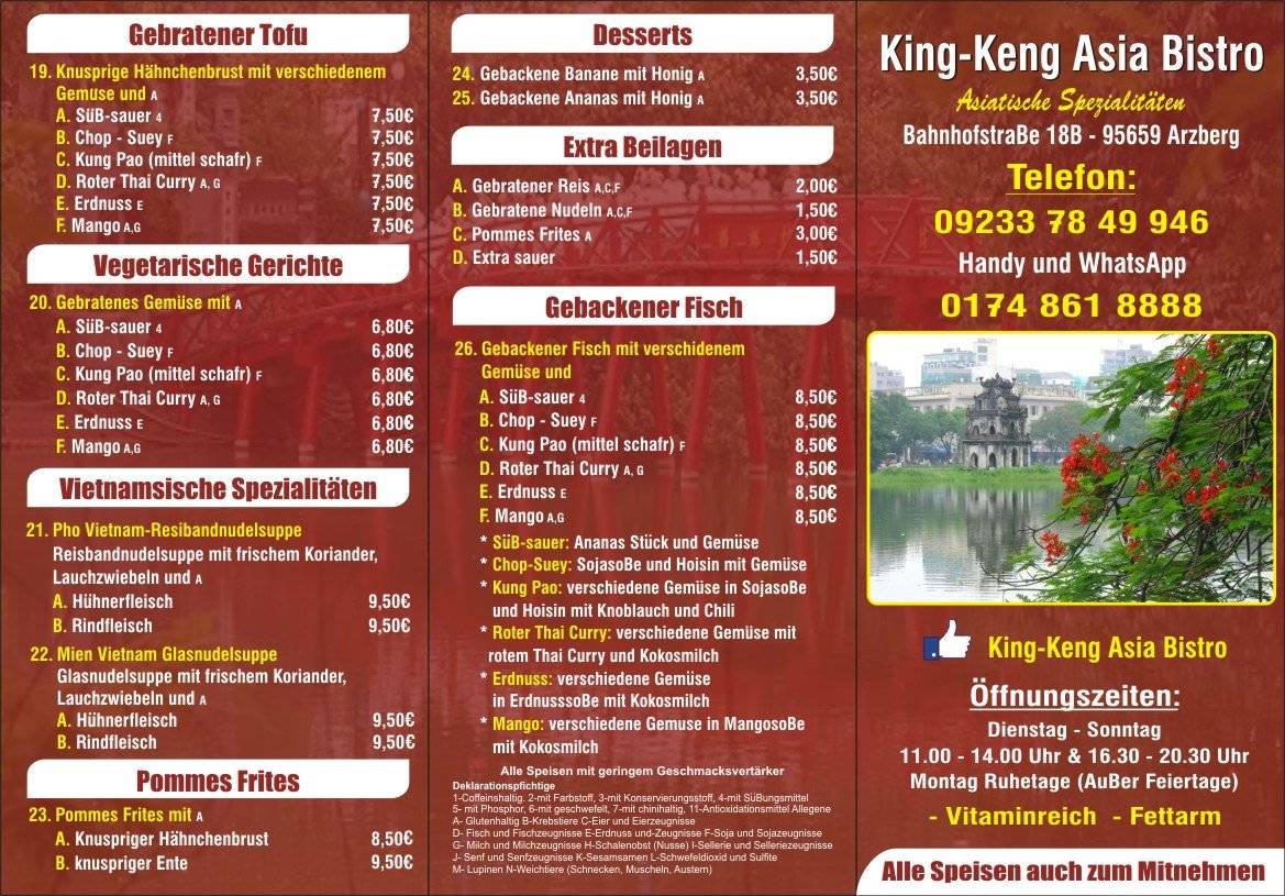 Carta del restaurante King Keng Asia Bistro, Arzberg