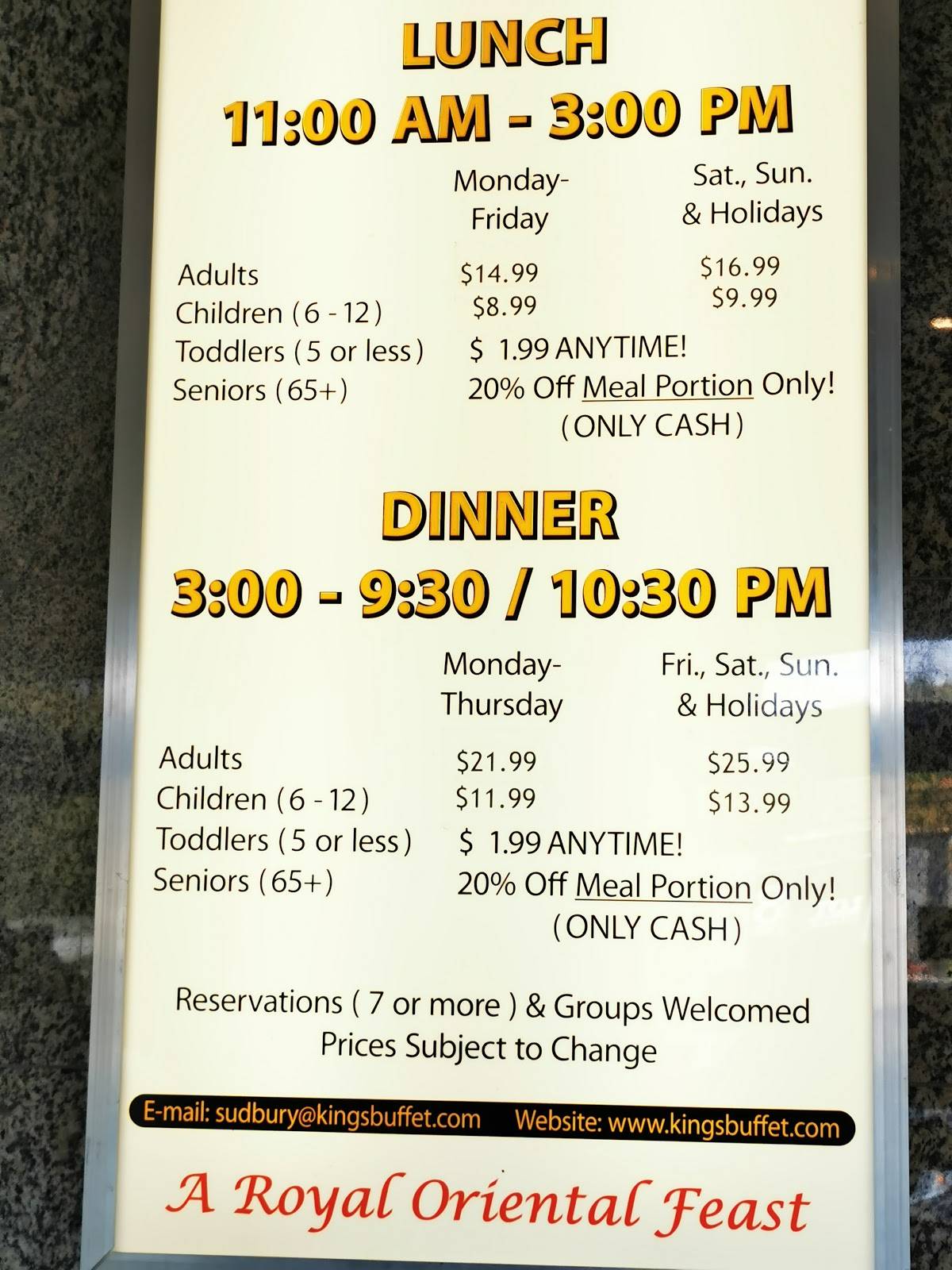 Menu at Kingsway Buffet restaurant, Sudbury