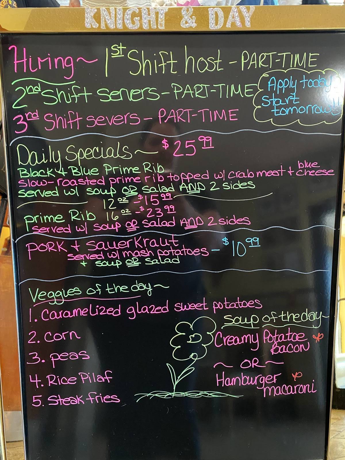 Menu at Knight & Day Diner restaurant, Lititz