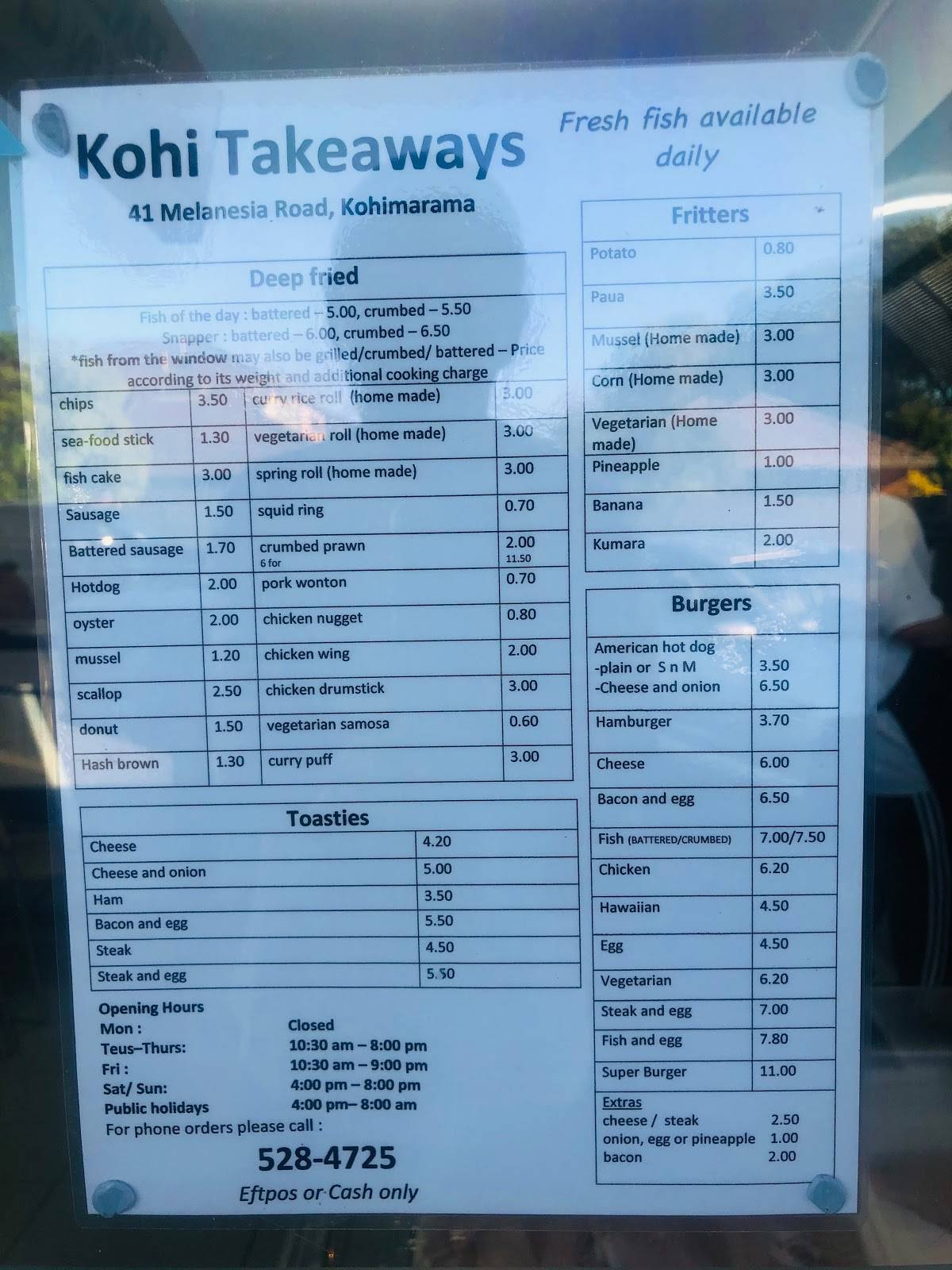 Menu at Kohi Fresh Fish & Takeaways fast food, Auckland