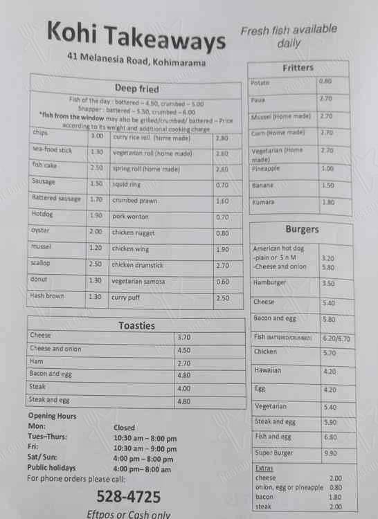 Menu at Kohi Fresh Fish & Takeaways fast food, Auckland