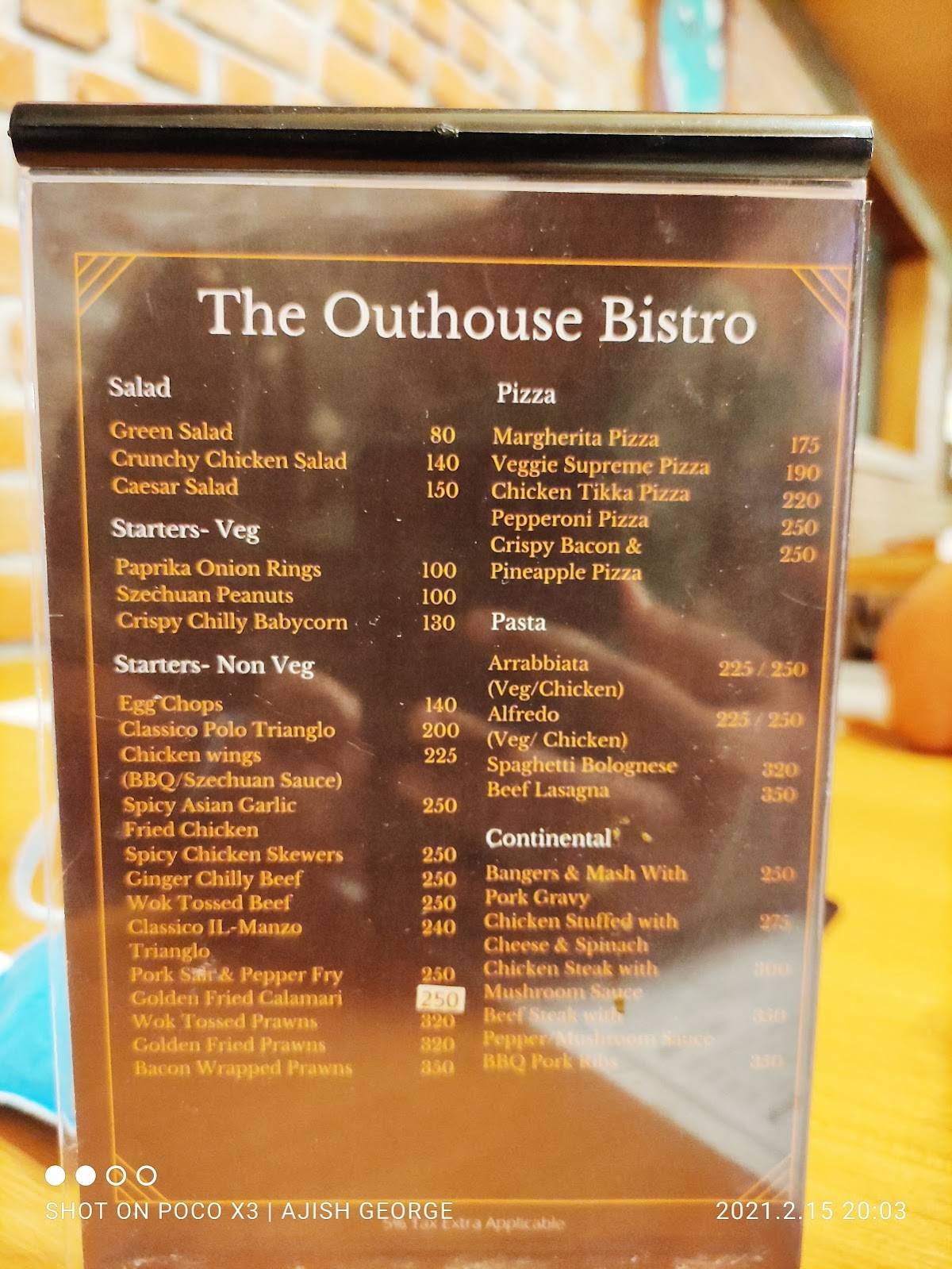 Menu at The Outhouse Bistro (Hotel Aida), Kottayam