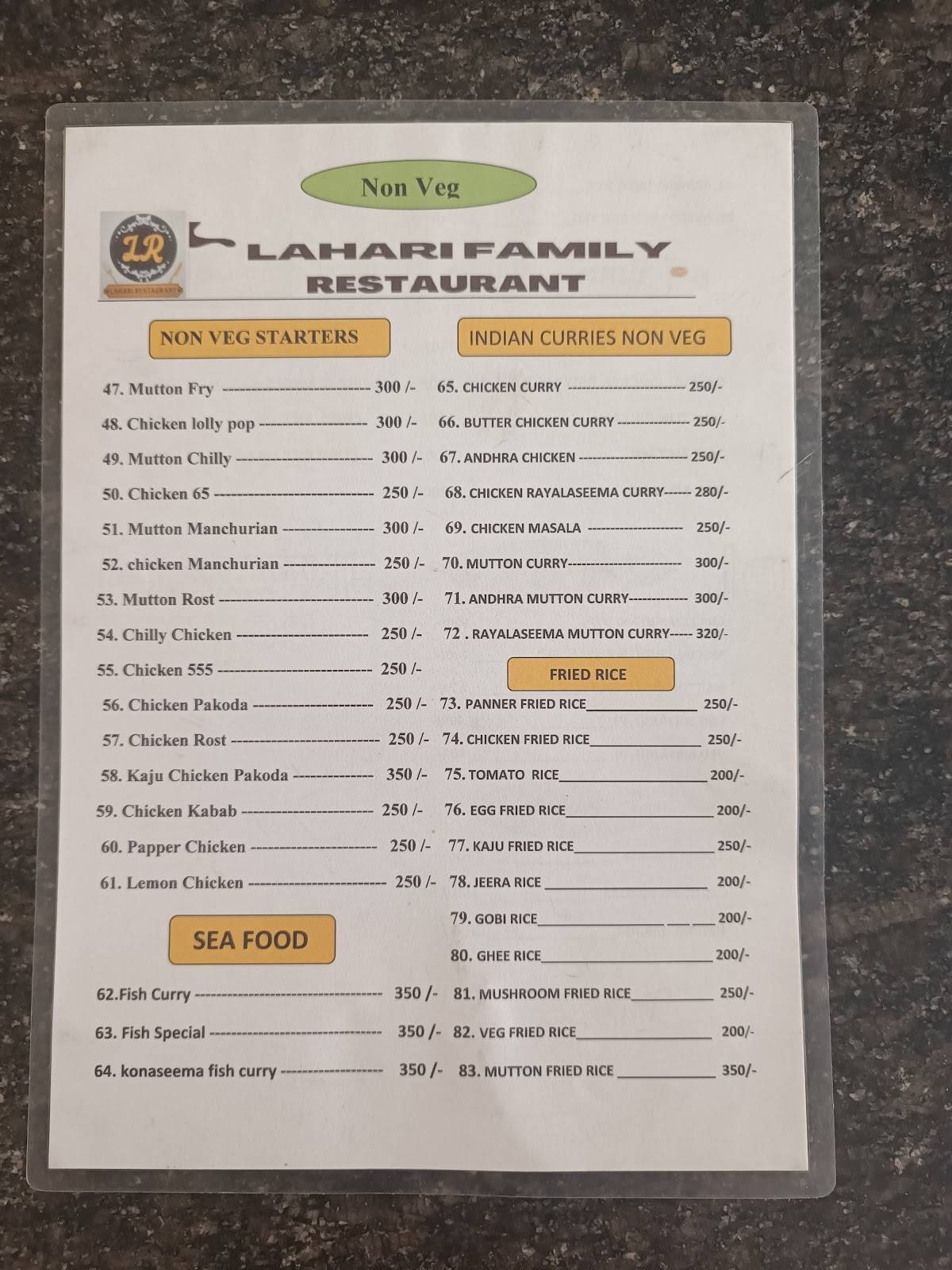 Menu at LAHARI FAMILY RESTAURANT veg & non-veg, Anantapur