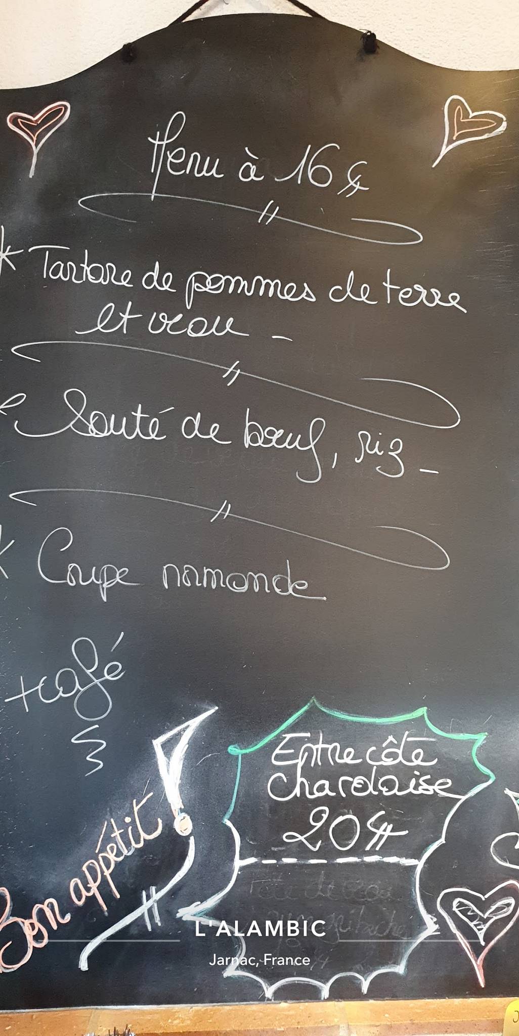 Menu au L'Alambic restaurant, Jarnac