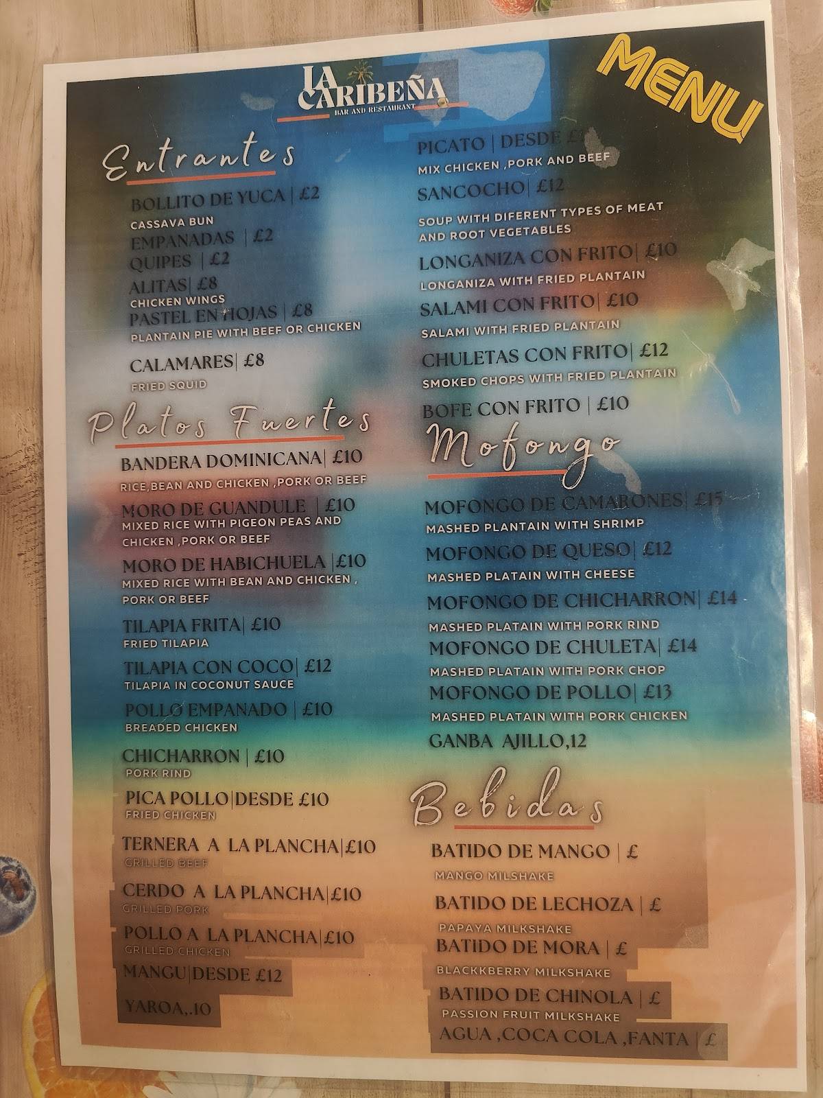 Menu at La Caribeña Dominican restaurant, London