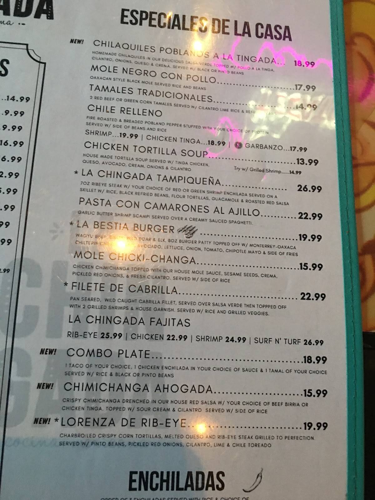 Menu at La Chingada Cocina Mexicana restaurant, Tucson