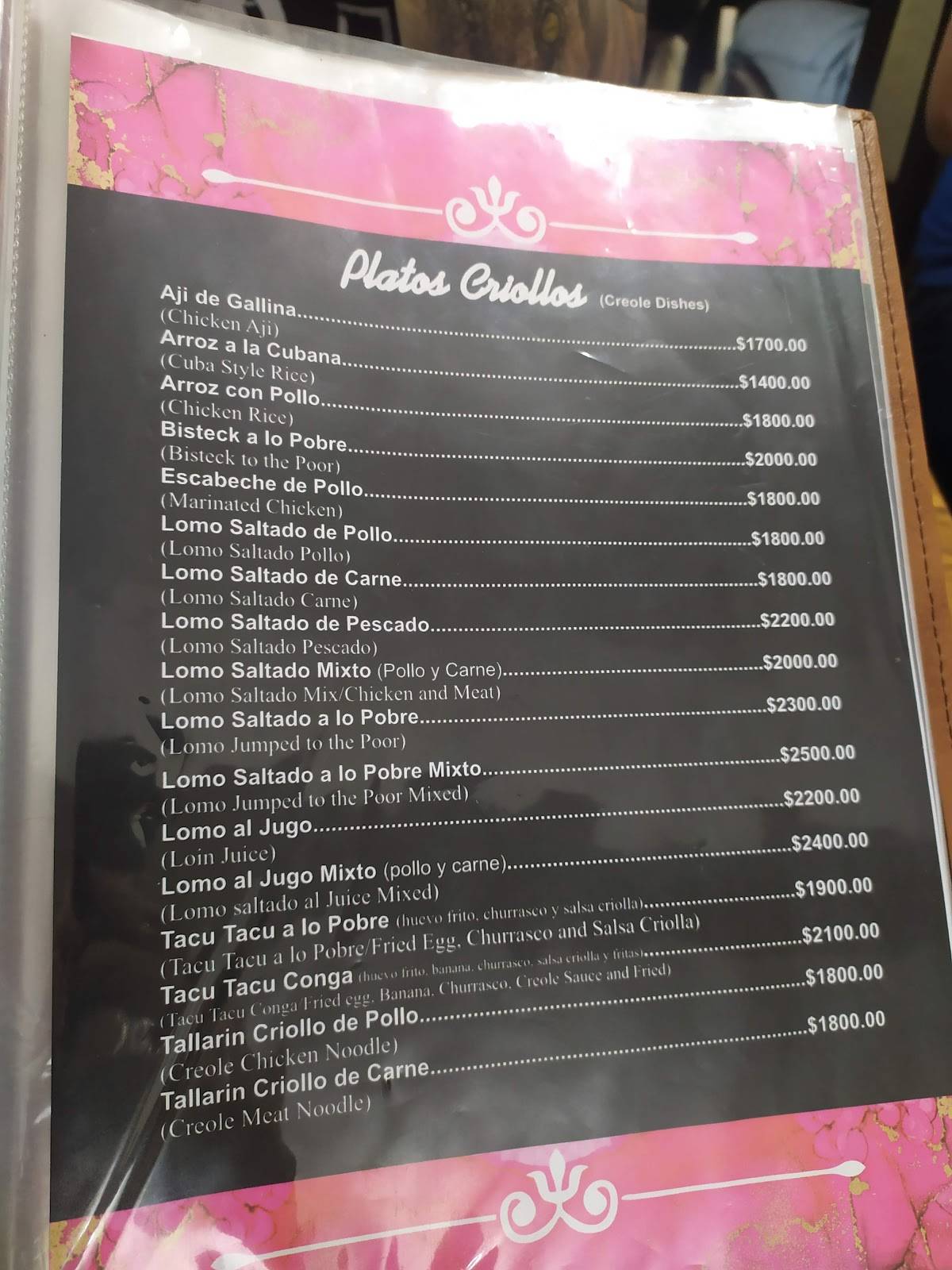 Carta del restaurante La Conga, Buenos Aires