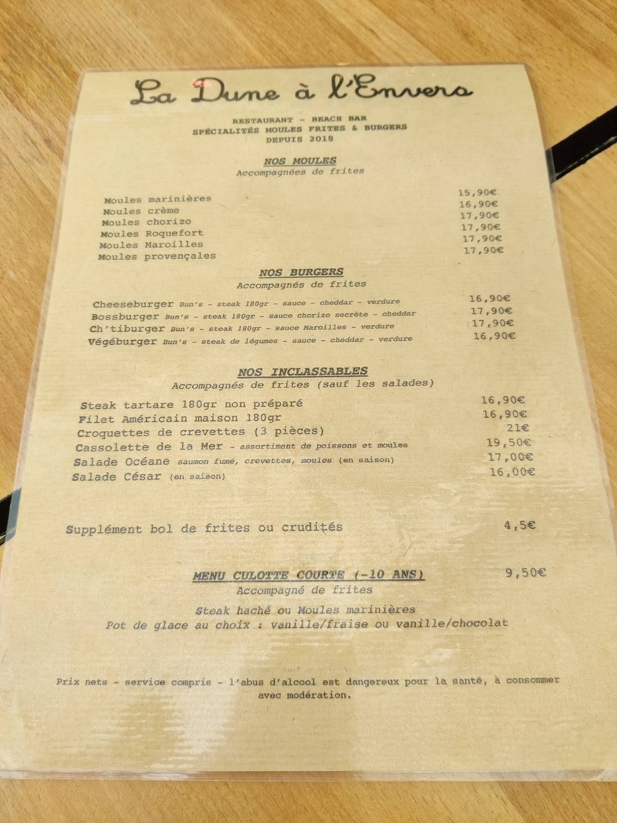 Menu au La Dune à l'Envers restaurant, Bray-Dunes