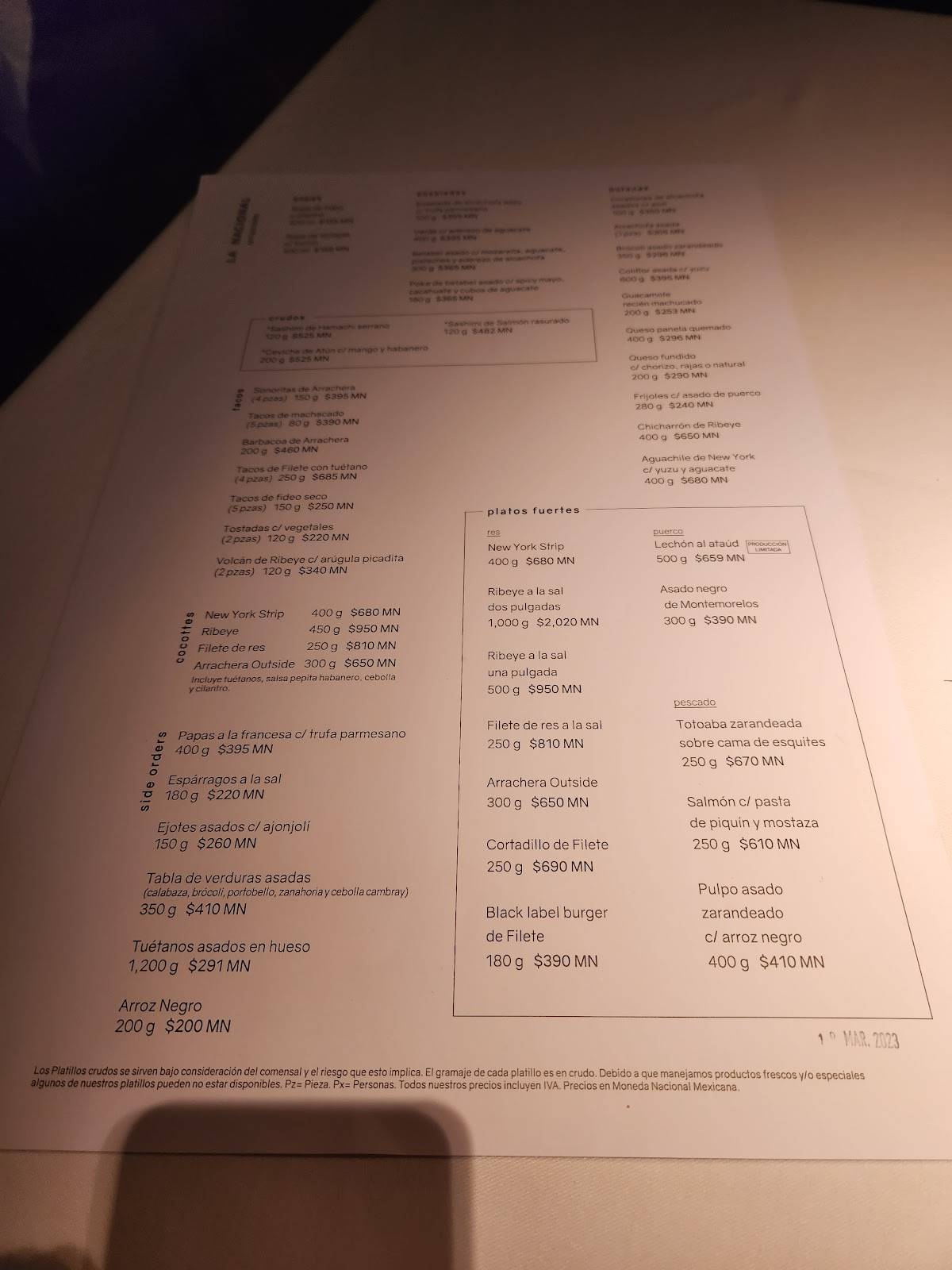 Menu at La Nacional restaurant, Monterrey, Av San Jerónimo 1106