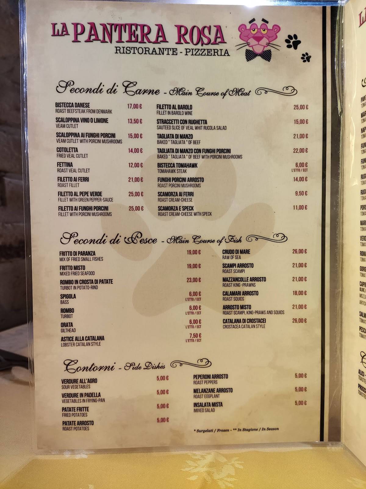 Menu au La Pantera Rosa restaurant, Rome, Piazzale del Verano