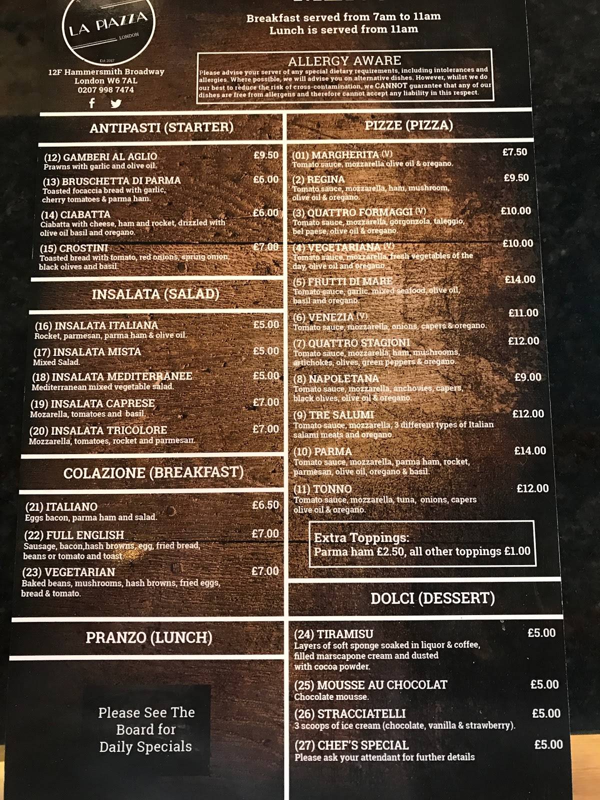 Menu at La Piazza Restaurant, London, Hammersmith Broadway