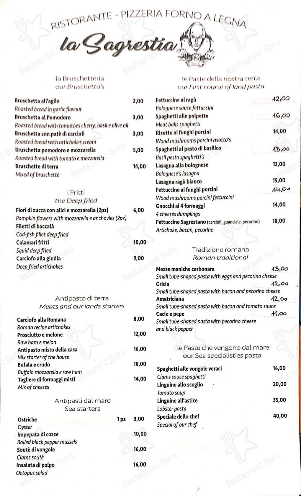 Menu da Ristorante Pizzeria La Sacrestia, Roma