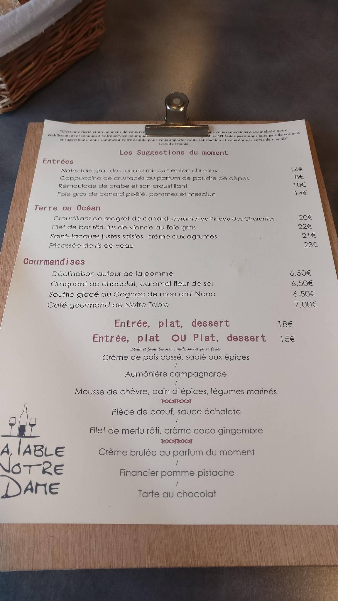 Menu au La Table Notre Dame royan restaurant, Royan
