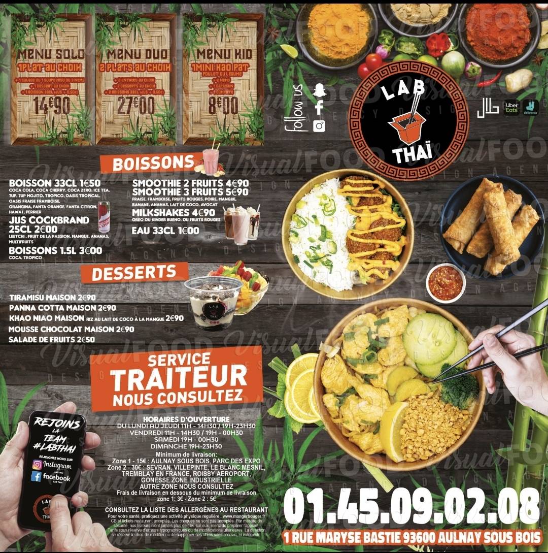 Menu au Lab thai restaurant, Aulnay-sous-Bois