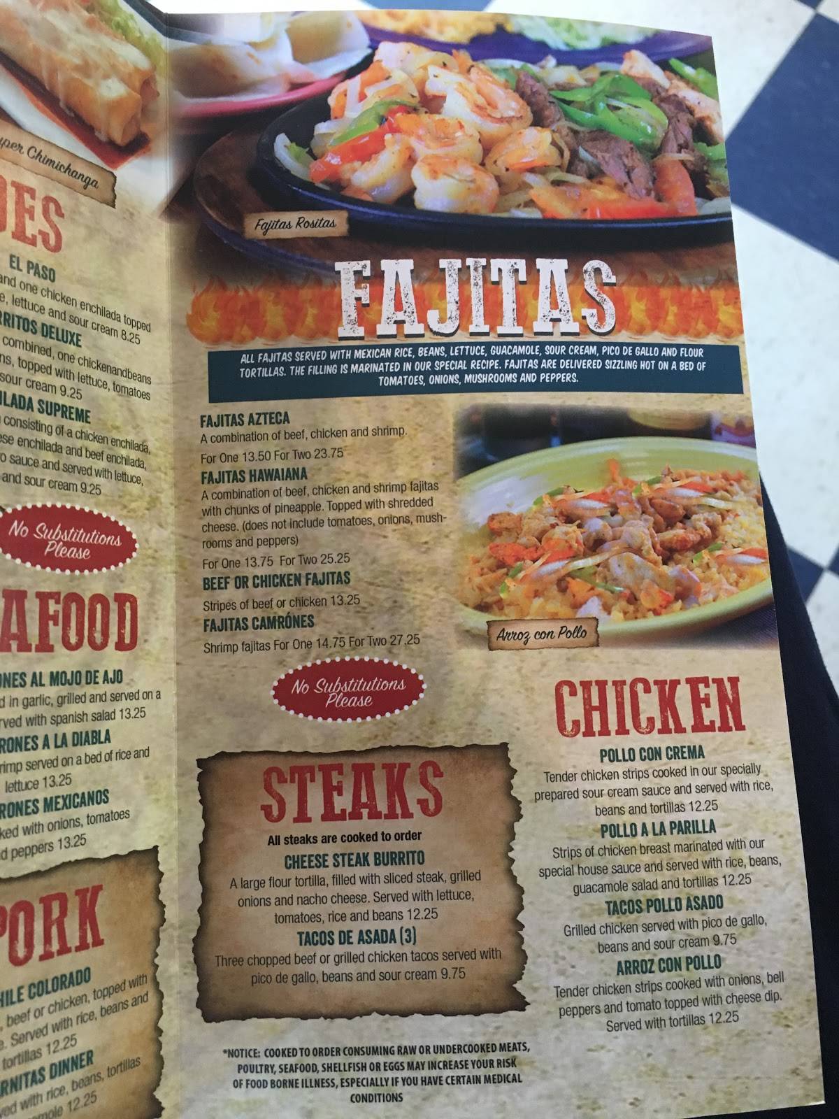 Menu at Azteca Grill restaurant, Lake Wylie