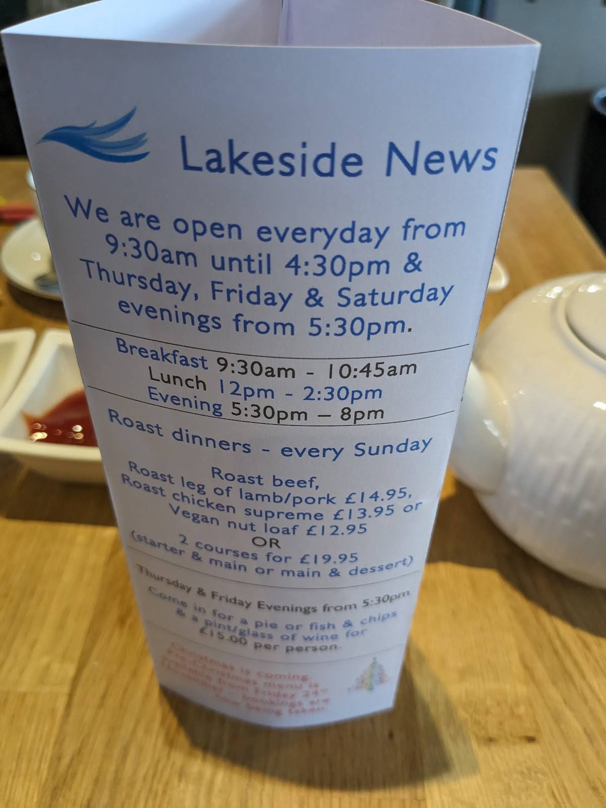 Menu at Lakeside Cafe, Newquay