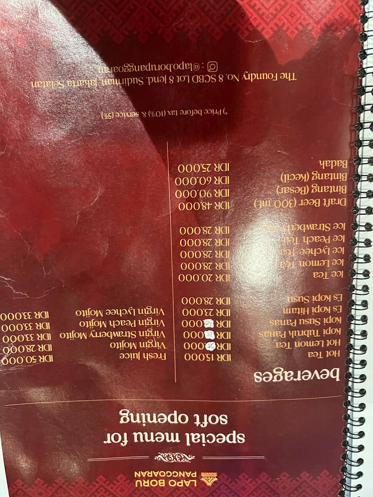 Carta del restaurante Lapo Boru Panggoaran, South Jakarta