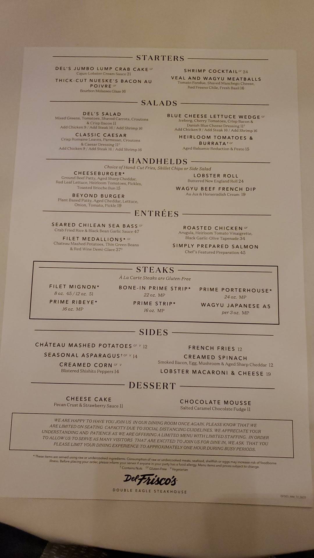 Menu at Del Frisco's Double Eagle Steakhouse, Las Vegas